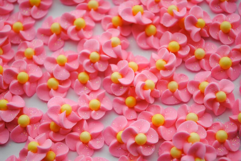 50 Handmade Pink Sparkling Royal Icing Flowers With Yellow - Etsy