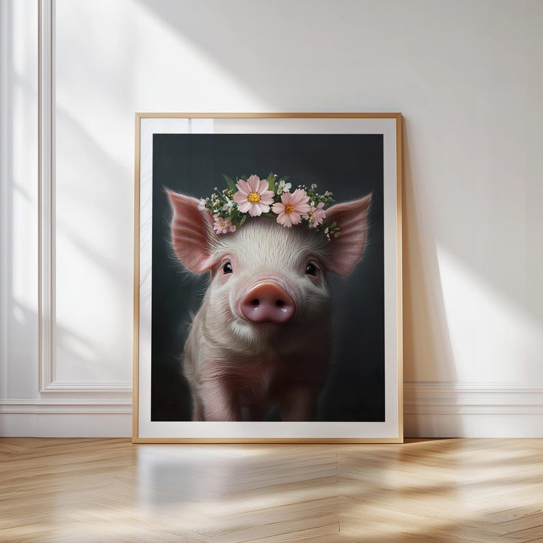 Baby Pig Poster – Cute Farm Animal With Flower Crown for Nursery or ...