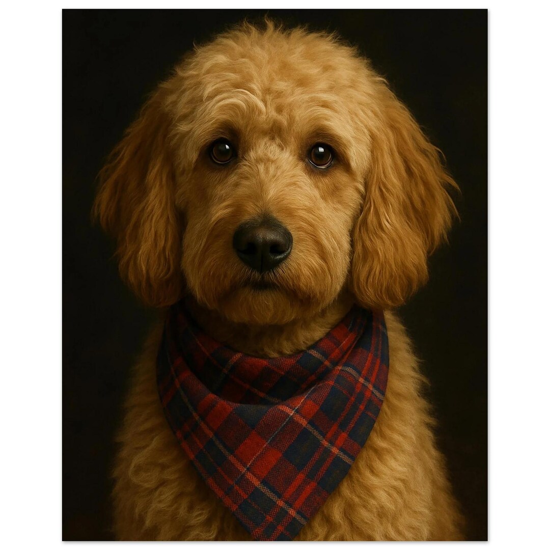 Goldendoodle Poster – Fluffy Puppy With Red Plaid Bandana for Nursery ...