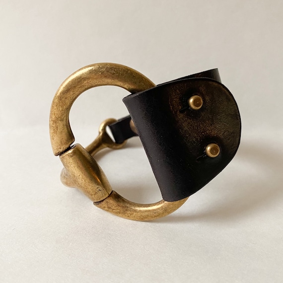 Large Antique Brass Snaffle Bit Bracelet with Black Leather | Etsy