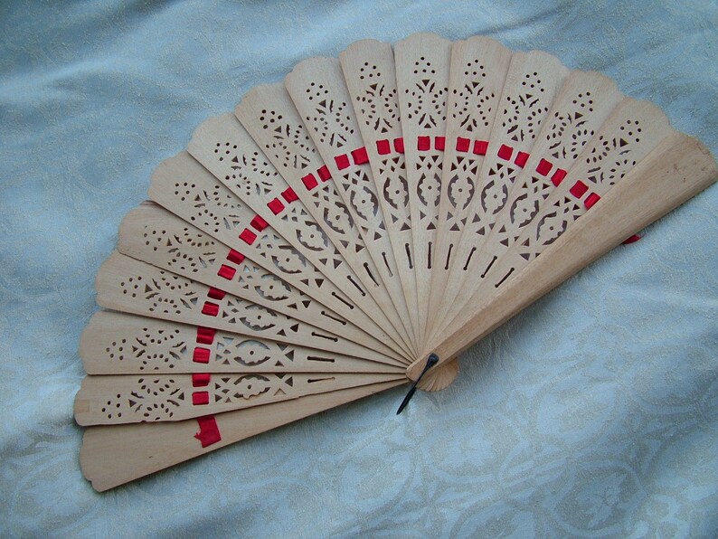 Vintage FAN, Pierced Wood Red Ribbon, Antique Brise Handfan - Etsy