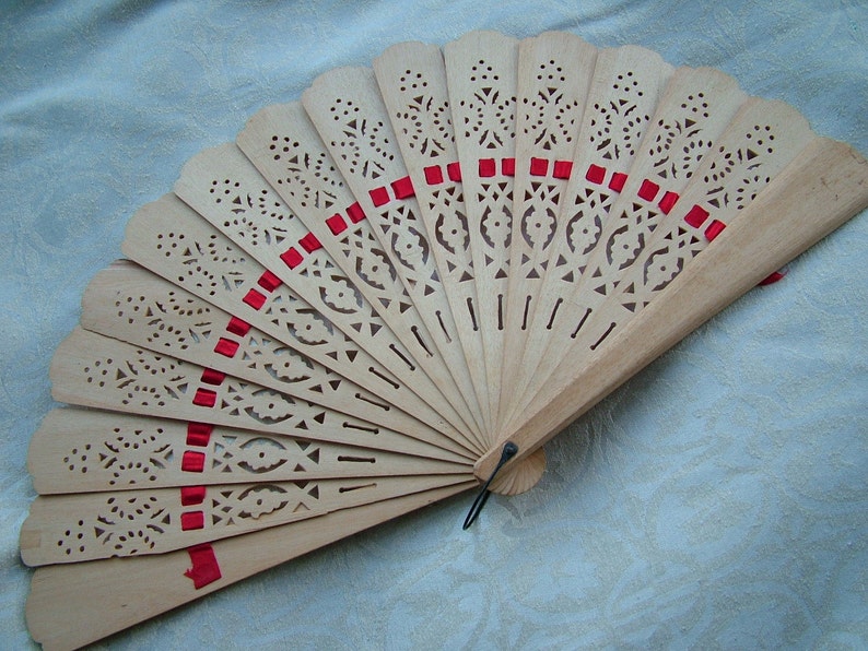 Vintage FAN, Pierced Wood Red Ribbon, Antique Brise Handfan - Etsy