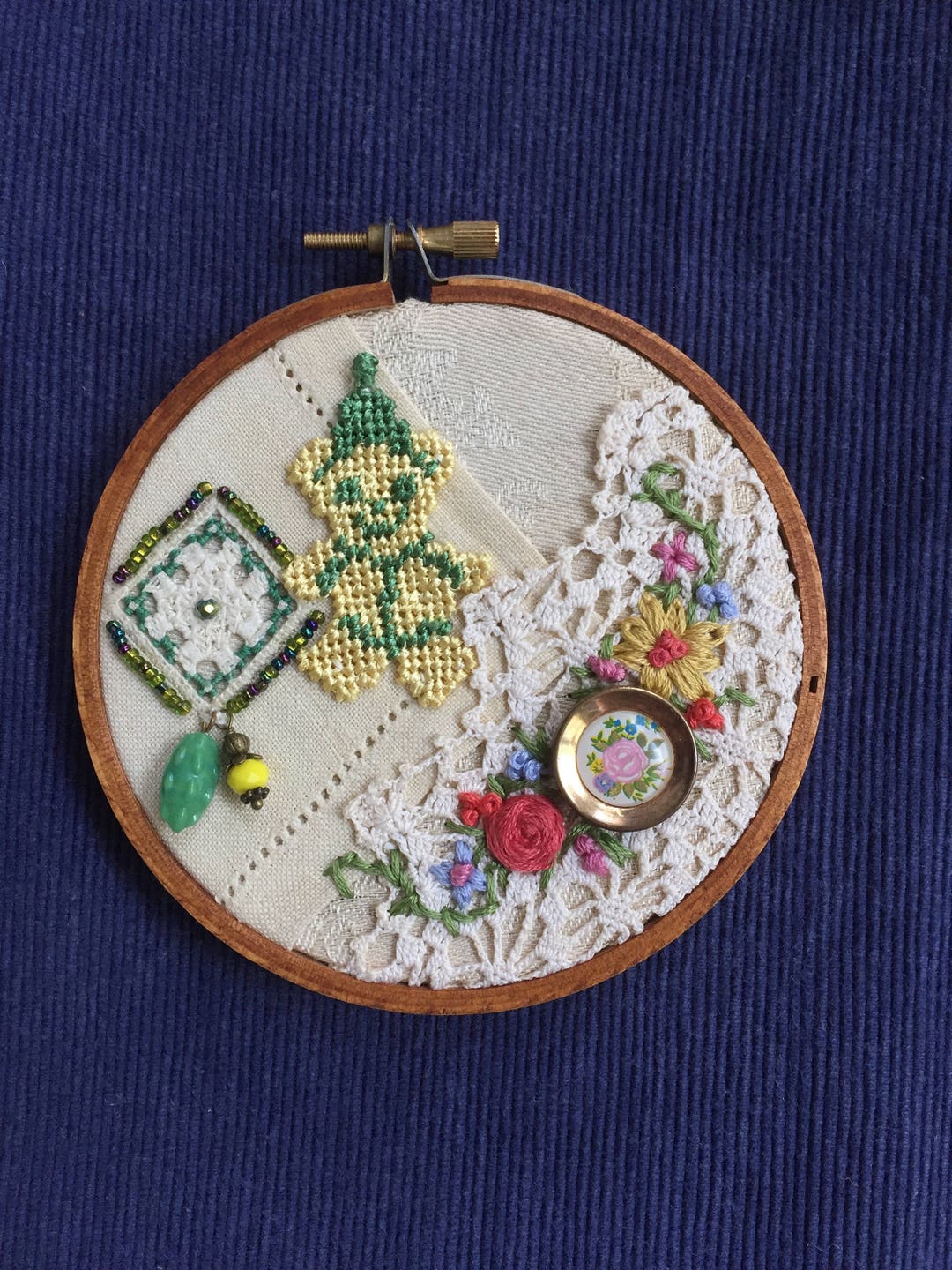 Embroidered Collage Hoop With Vintage Textiles, Charms, Beads, Trim ...