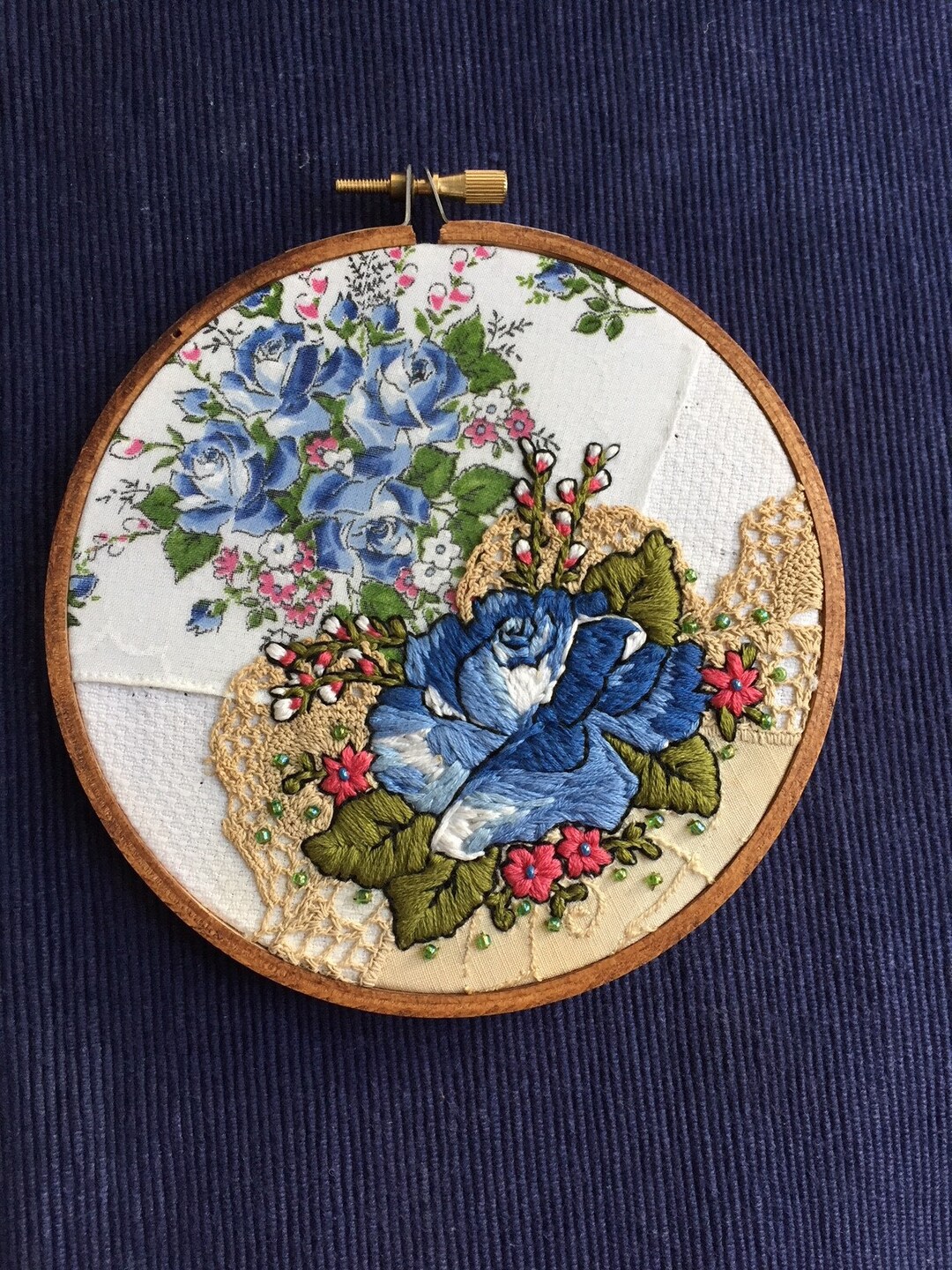 Embroidery Collage Hoop Art Blue Rose Handkerchief Doily Upcycled - Etsy