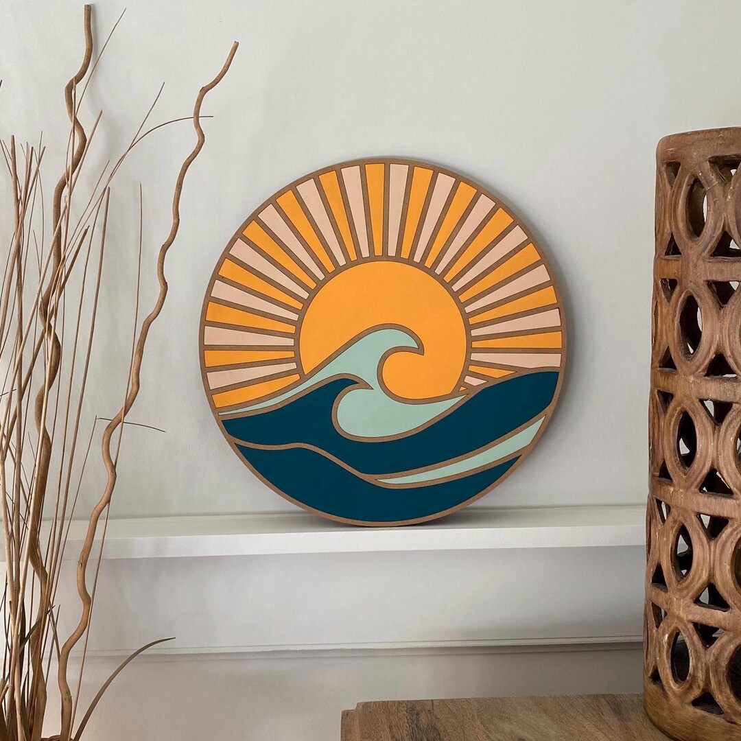Beach Art Sun and Waves Ocean Wall Art Waves Decor Wood Beach Art Sign ...