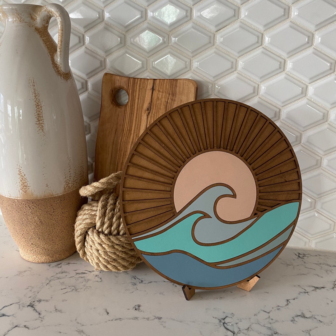 Beach Wave Decor Wood Ocean Wall Art Beach House Shelf Decor Pastel ...
