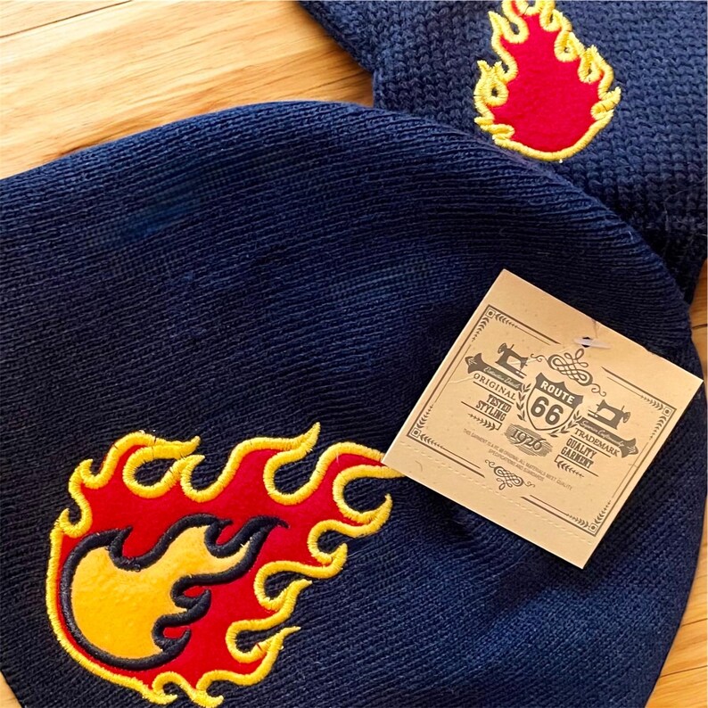 Vintage-style Route 66 Flame Beanie – Dark Blue Knit Hat With Red ...