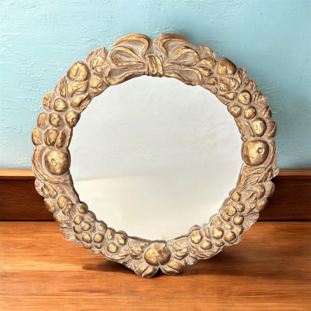 Vintage-style Round Gilt Wall Mirror – Ornate Fruit, Leaves & Bow Motif ...