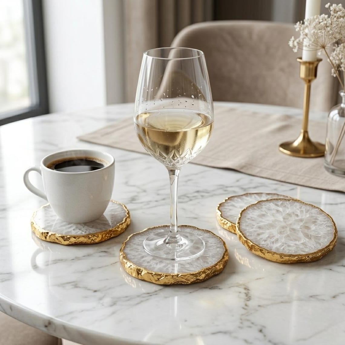 Natural White Quartz Coasters – Gold Electroplated Coaster, Minimalist ...