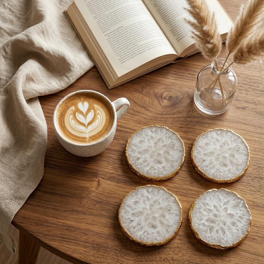 Natural White Quartz Coasters – Gold Electroplated Coaster, Minimalist ...