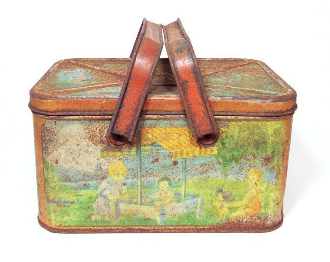 Antique Lunch Tin Lunch Box Rusty Playground Scene Red Green Yellow ...