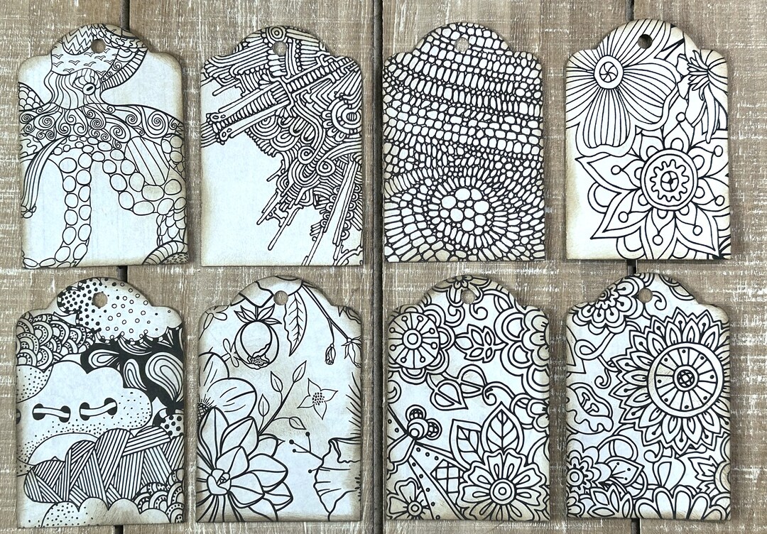 Coloring Book Page Tags Upcycled Coloring Page Pocket Tag 8 Tag Set - Etsy