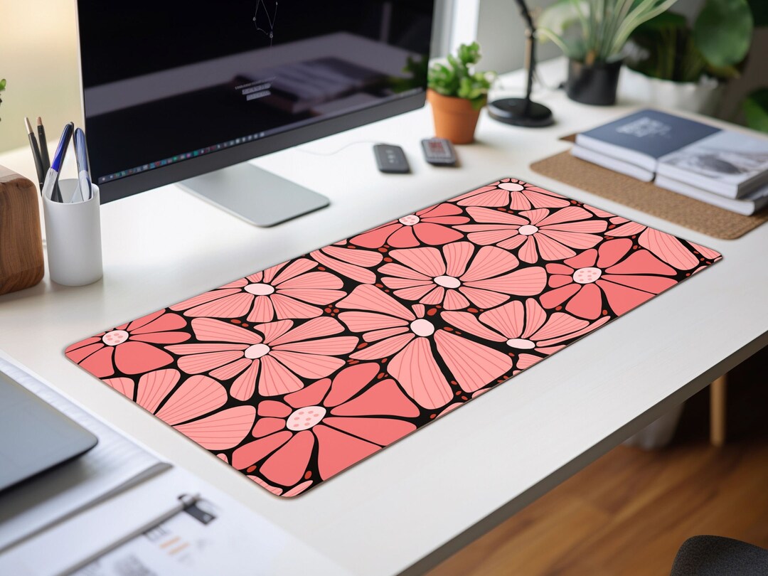 Retro Groovy Pink Daisy Desk Mat Floral Aesthetic Computer Laptop Large ...