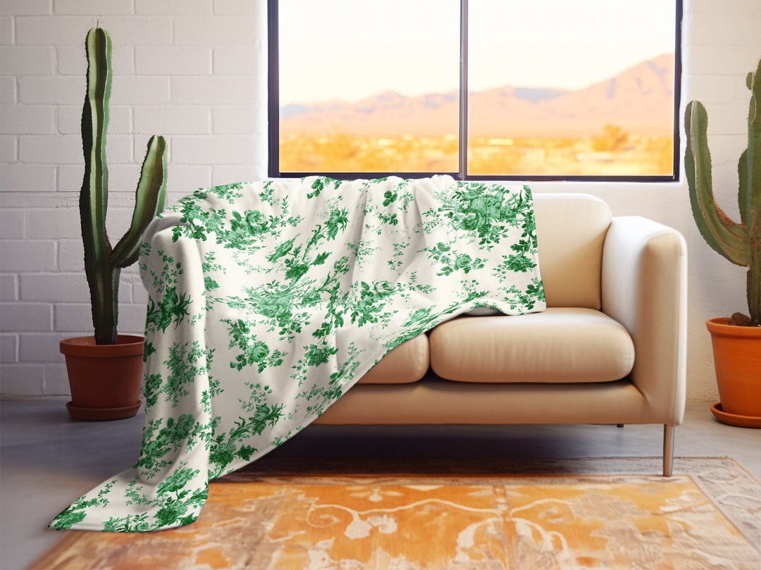 Green Toile Print Throw Blanket, Velveteen Plush Minky, Cottagecore ...