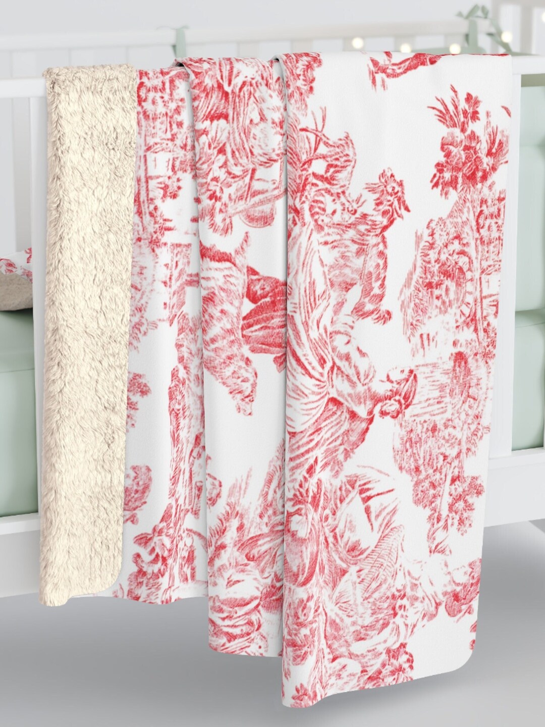 Pink Toile Print Sherpa Fleece Blanket, Cottagecore Decor Throw ...