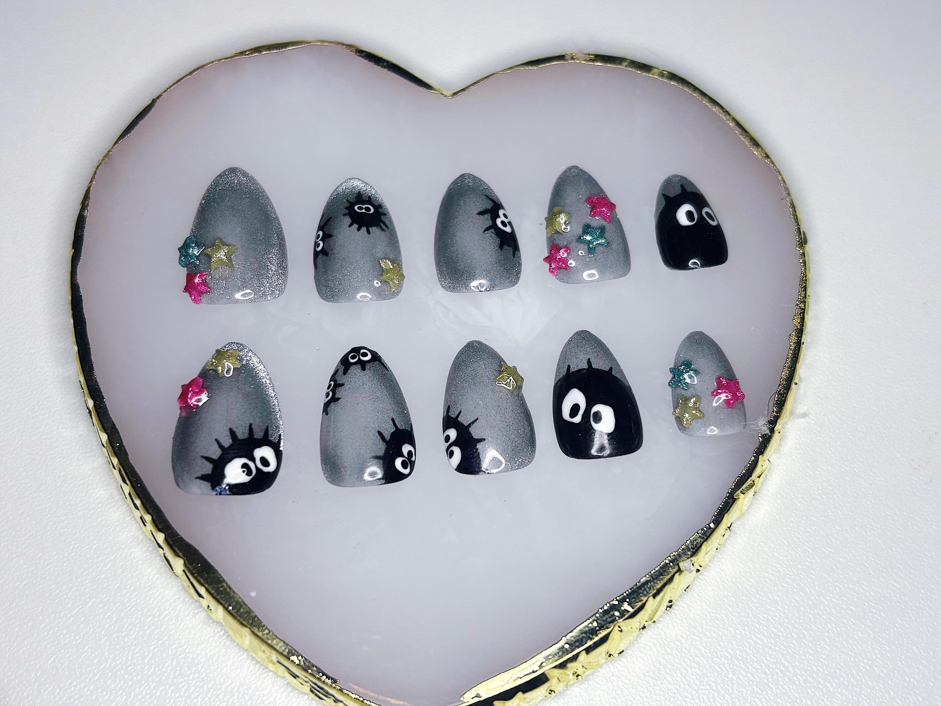 Soot Sprite Press on Nails: Studio Ghibli Inspired Cats Eye French Tip ...