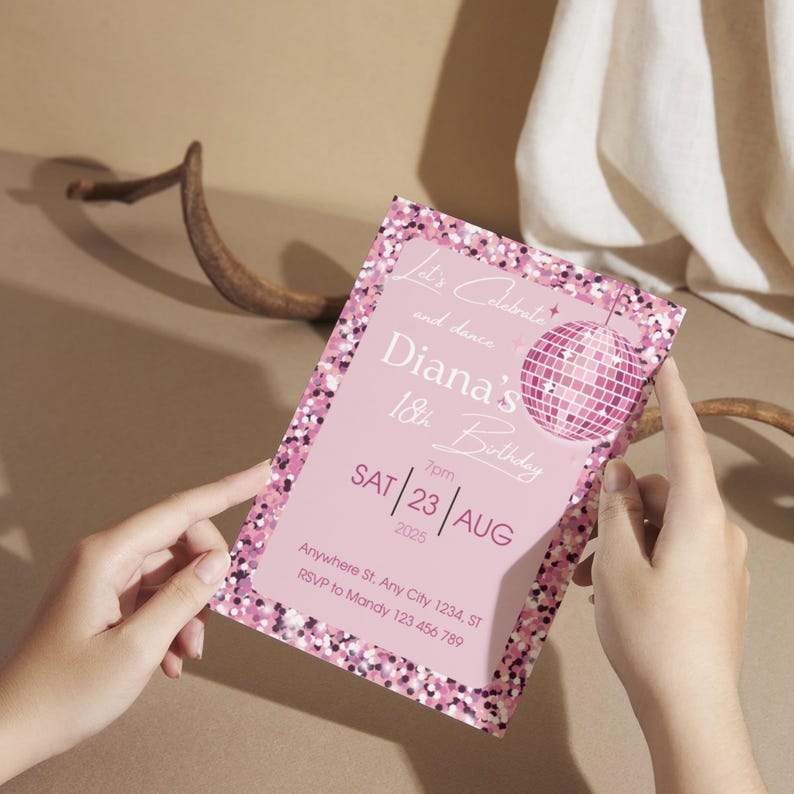 Pink Glitter Birthday Invitation | Retro Disco Ball Invitation | Disco ...