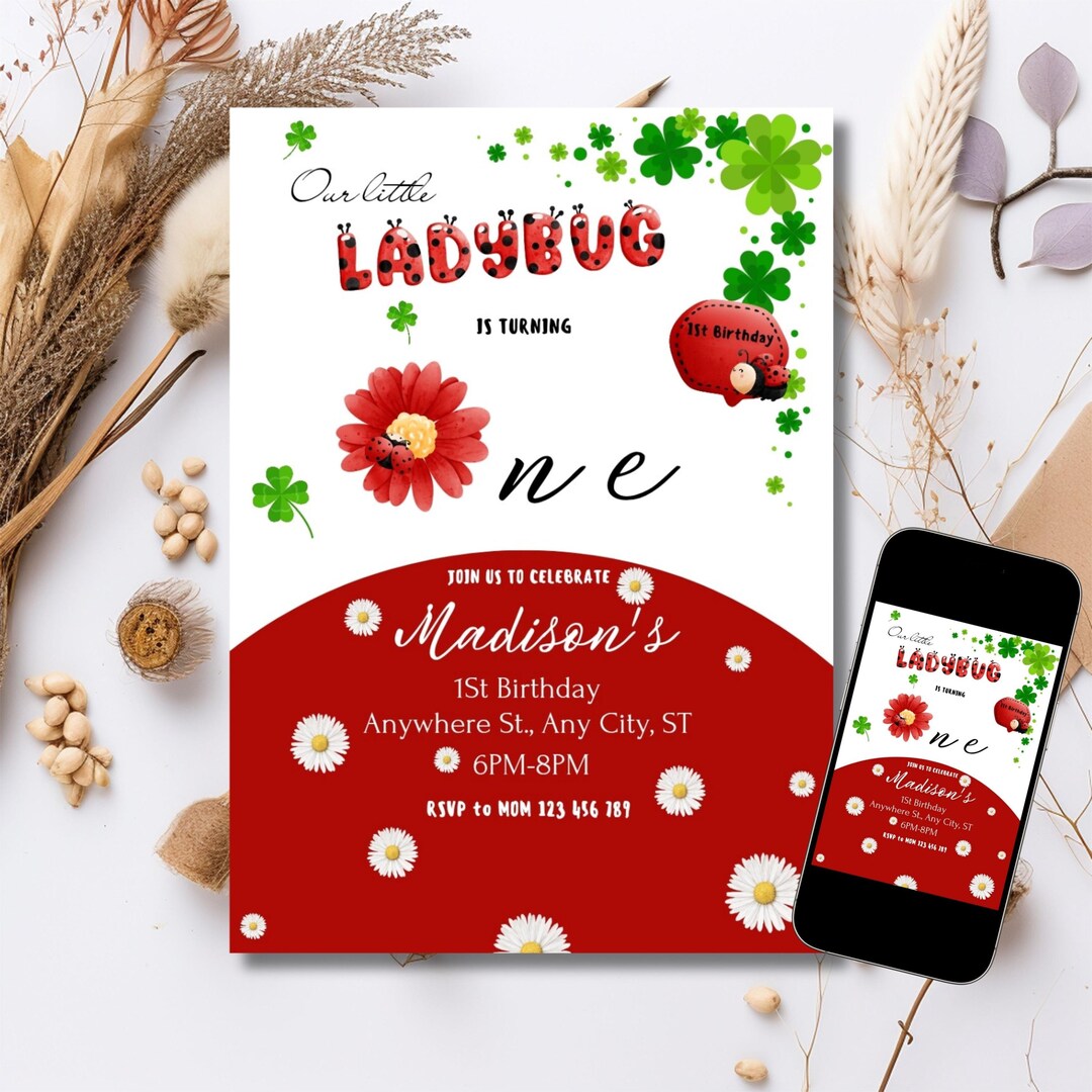 Editable Ladybug Birthday Invitation for Girls - Cute Red and Black ...