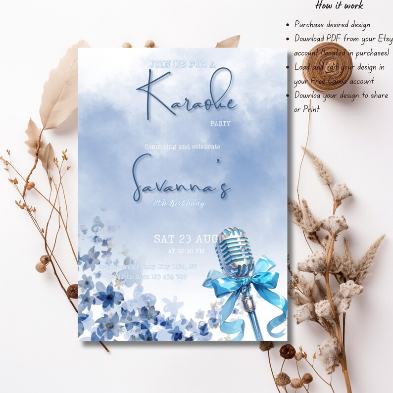 Editable Karaoke Birthday Invitation for Girl - Blue Microphone Theme ...