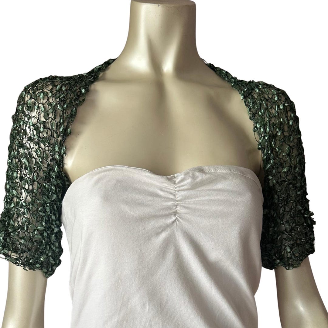 Dark Green Crochet Bolero Shrug, Silky Open Cropped Jacket, Evening ...