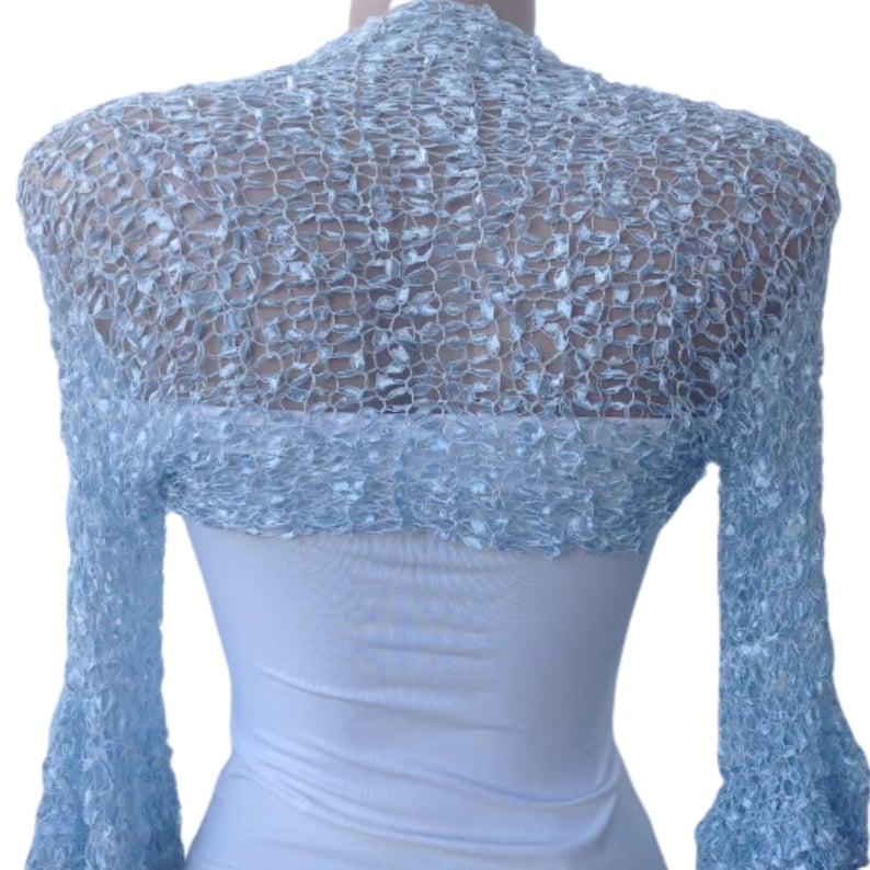 Light Blue Wedding Shrug Bolero, 3/4 Ruffle Sleeves Crochet Cropped ...