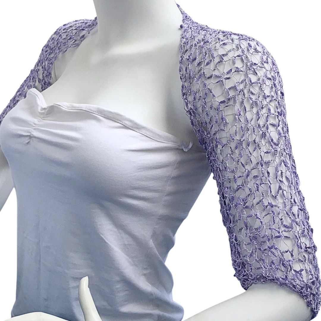 Purple Cropped Bolero Jacket, Half Sleeves Silky Shrug, Crochet Summer ...