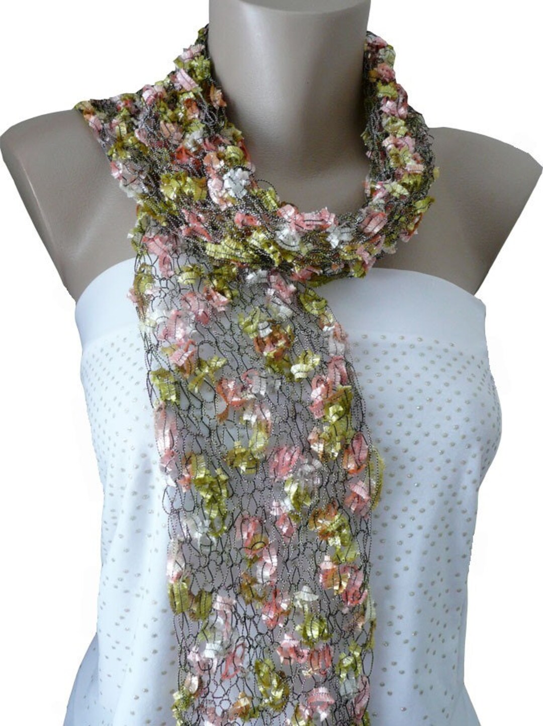 Hand Knit Lightweight Flower Scarf: Silver White, Pink, Green - 65" - Etsy