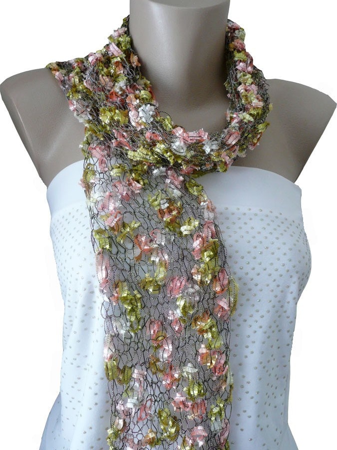 Hand Knit Lightweight Summer Flower Garden Scarf in Silver White, Pink ...