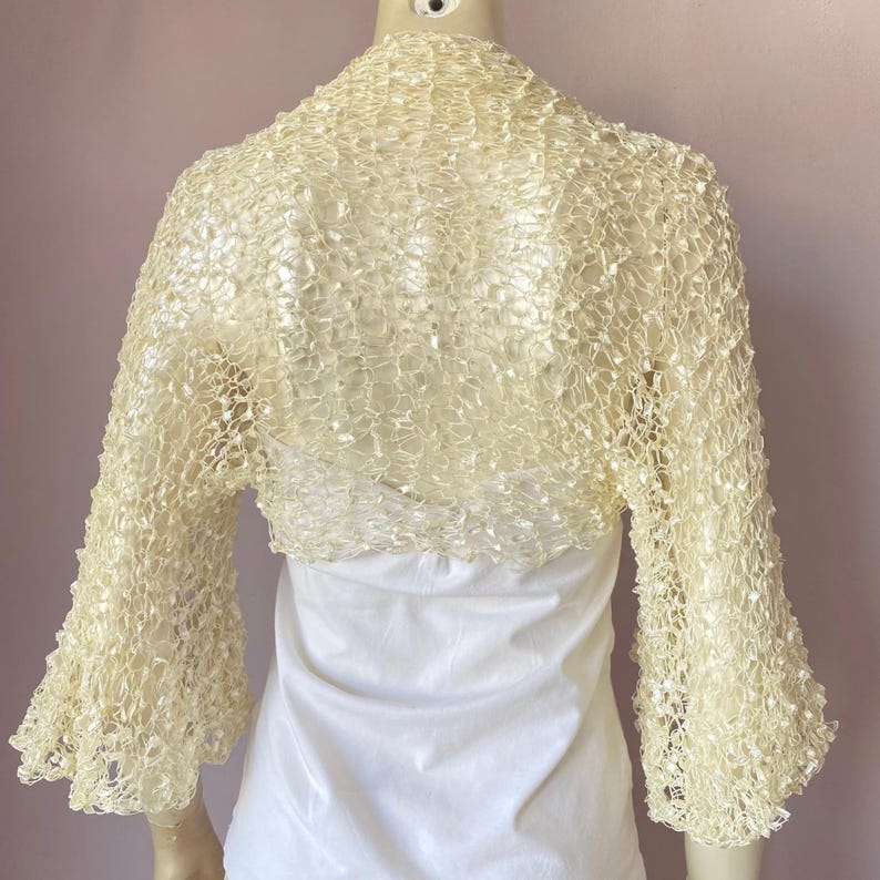 Ivory Crochet Bolero Shrug, 3/4 Ruffle Sleeves, Loose Knit Summer ...