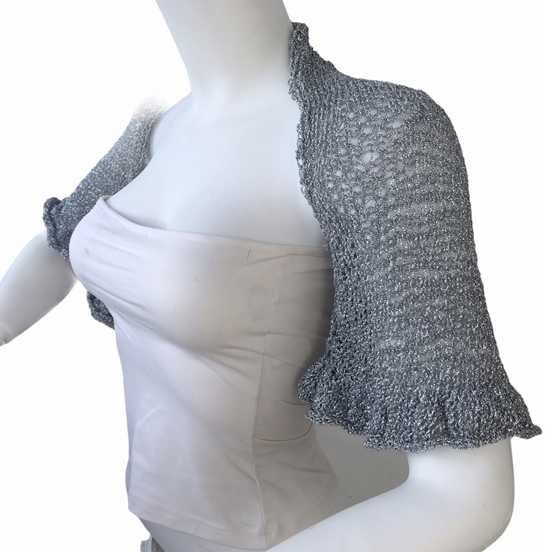 Knit Silver Metallic Wedding Bolero Shrug, Fine Brocade Shinning Ruffle ...