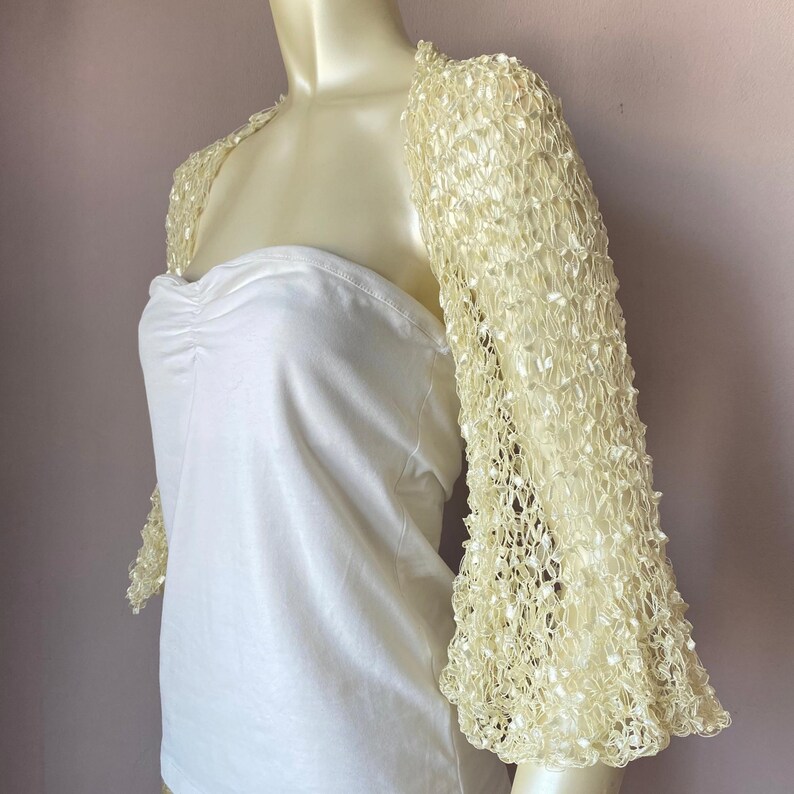 Ivory Crochet Bolero Shrug, 3/4 Ruffle Sleeves, Loose Knit Summer ...
