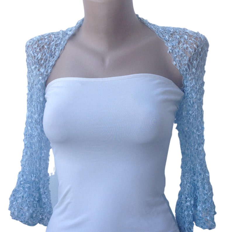Light Blue Wedding Shrug Bolero, 3/4 Ruffle Sleeves Crochet Cropped ...