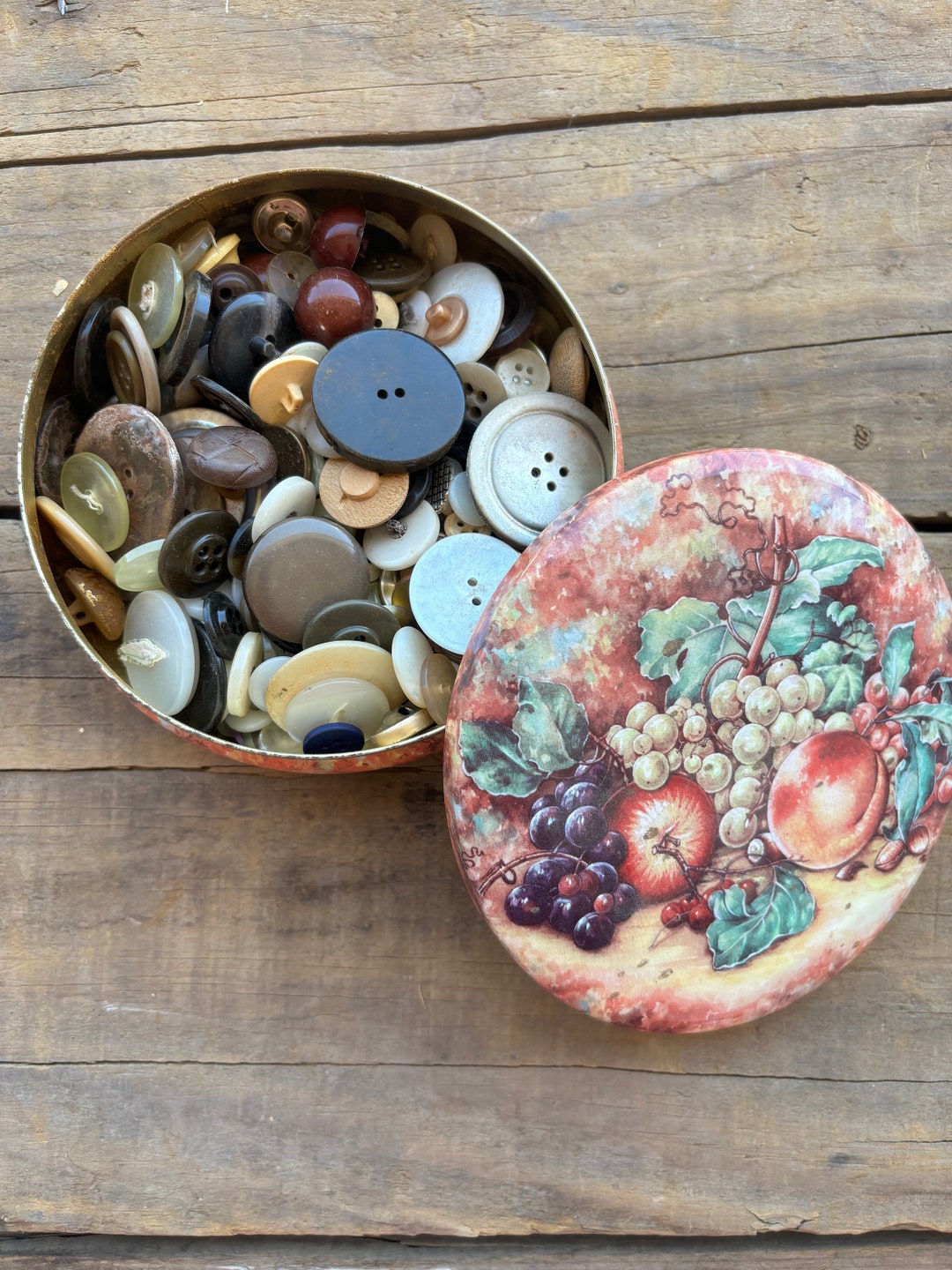 Vintage Button Kit- Tin of Buttons Fruit Tin Mix of Vintage Button Lot ...