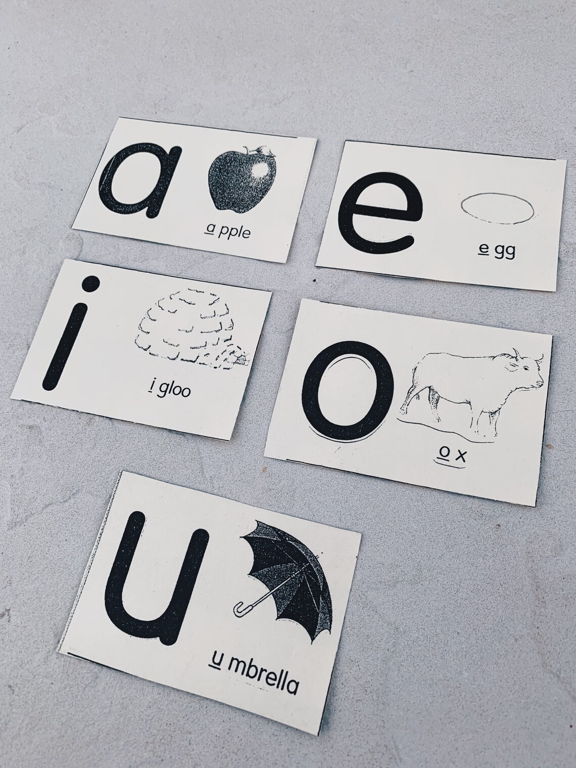 Vintage Handmade Flashcards Vowels, Card Game, Picture Flashcards ...