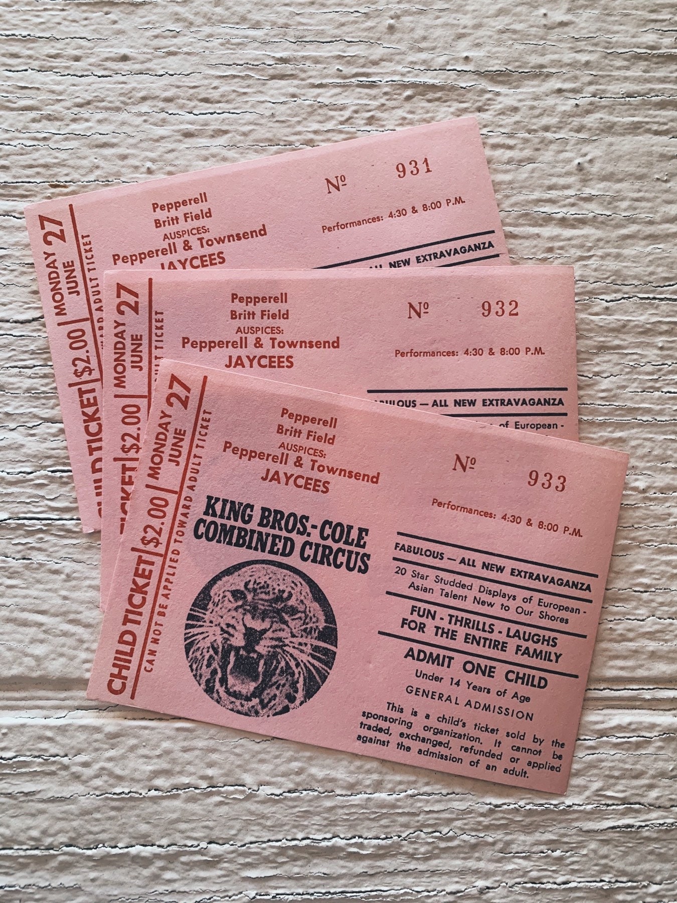Vintage Circus Tickets (4) King Bros Cole Beatty Cole Circus Cheetah ...
