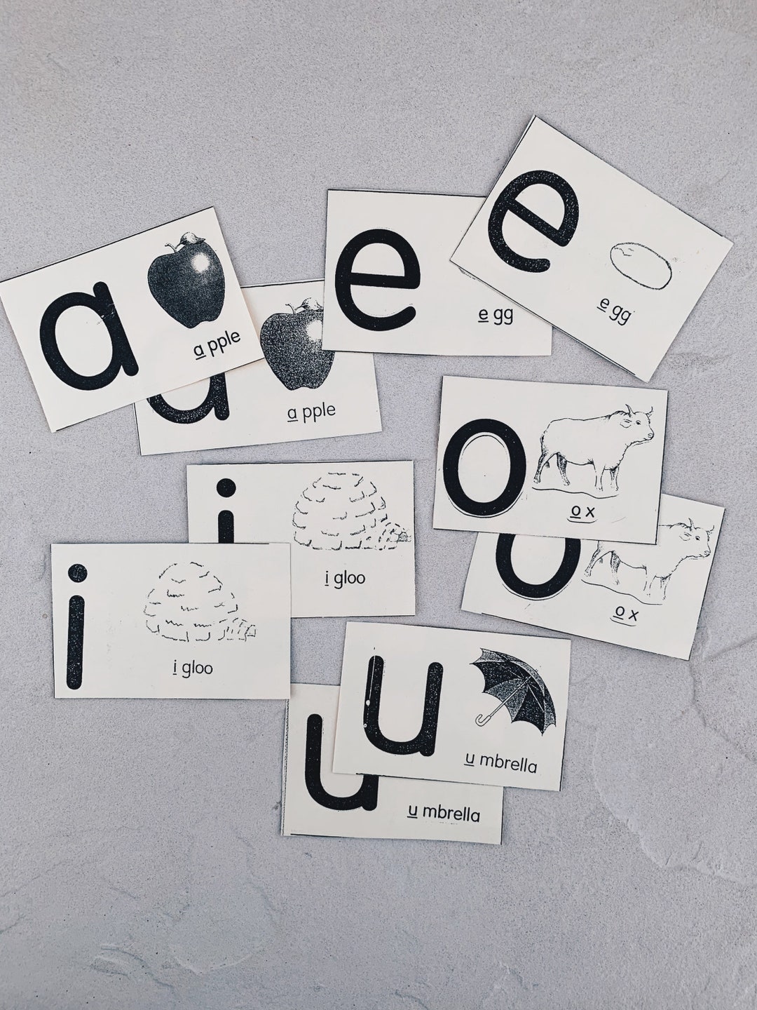 Vintage Handmade Flashcards Vowels, Card Game, Picture Flashcards ...