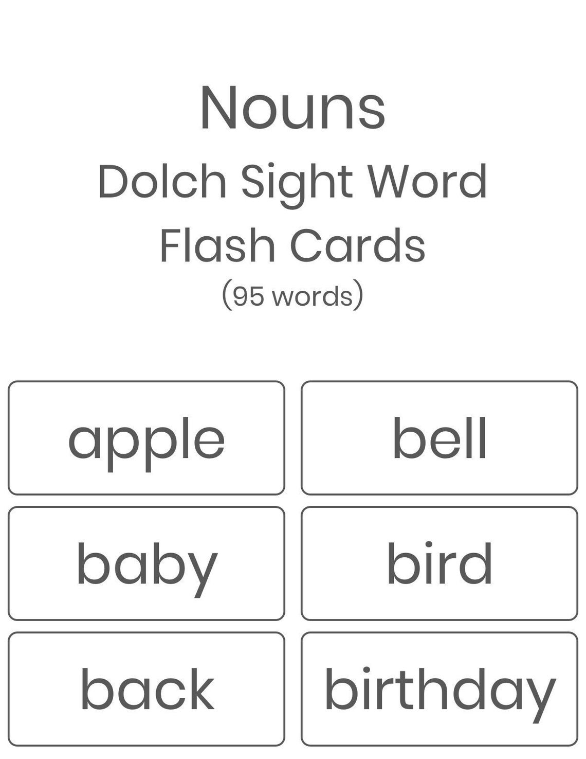 Printable Nouns Dolch Sight Words Flash Cards, 95 Words - INSTANT ...