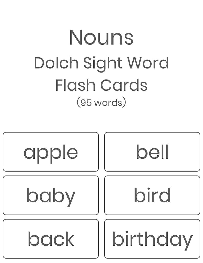 Printable Nouns Dolch Sight Words Flash Cards, 95 Words - INSTANT ...