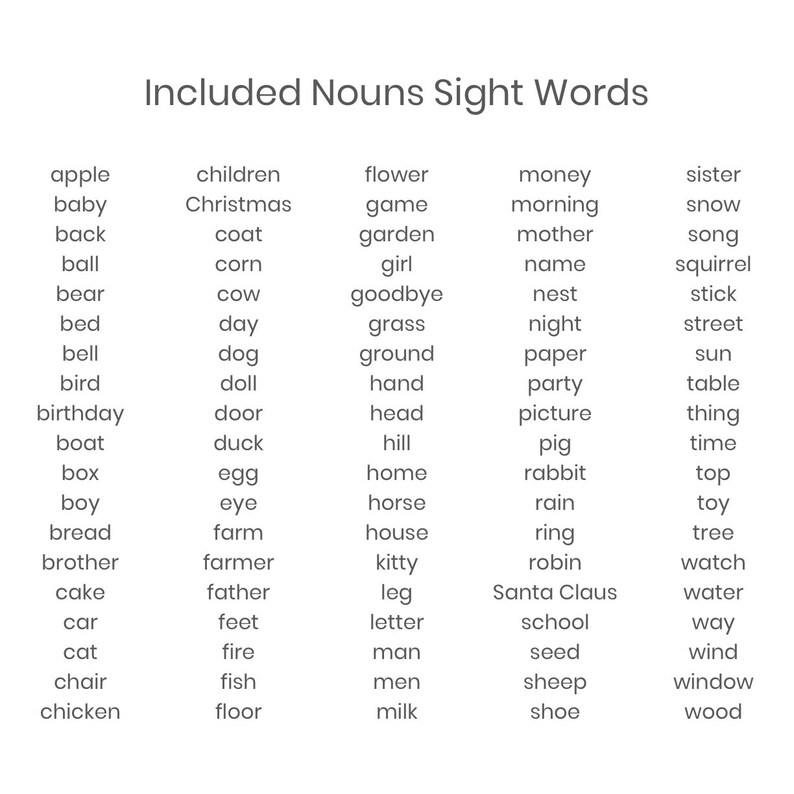 Printable Nouns Dolch Sight Words Flash Cards, 95 Words - INSTANT ...