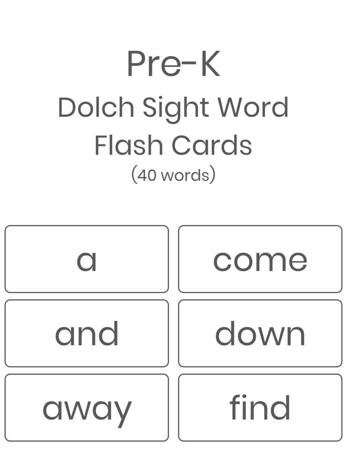 Printable Pre-k Dolch Sight Words Flash Cards, 40 Words - INSTANT ...