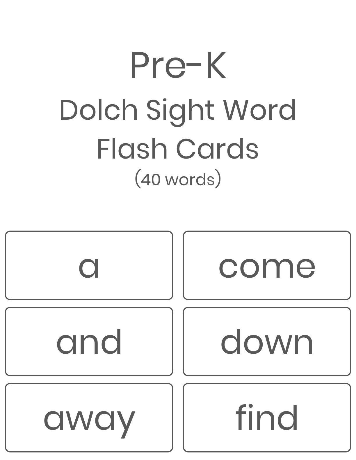 Printable Pre-k Dolch Sight Words Flash Cards, 40 Words - INSTANT ...