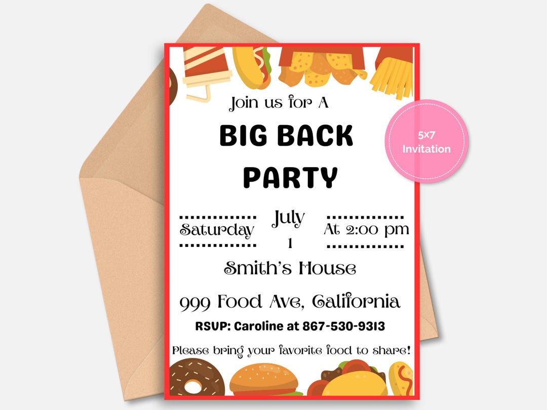 Big Back Party Invitation, Editable Backyard BBQ Invite, Food Party ...