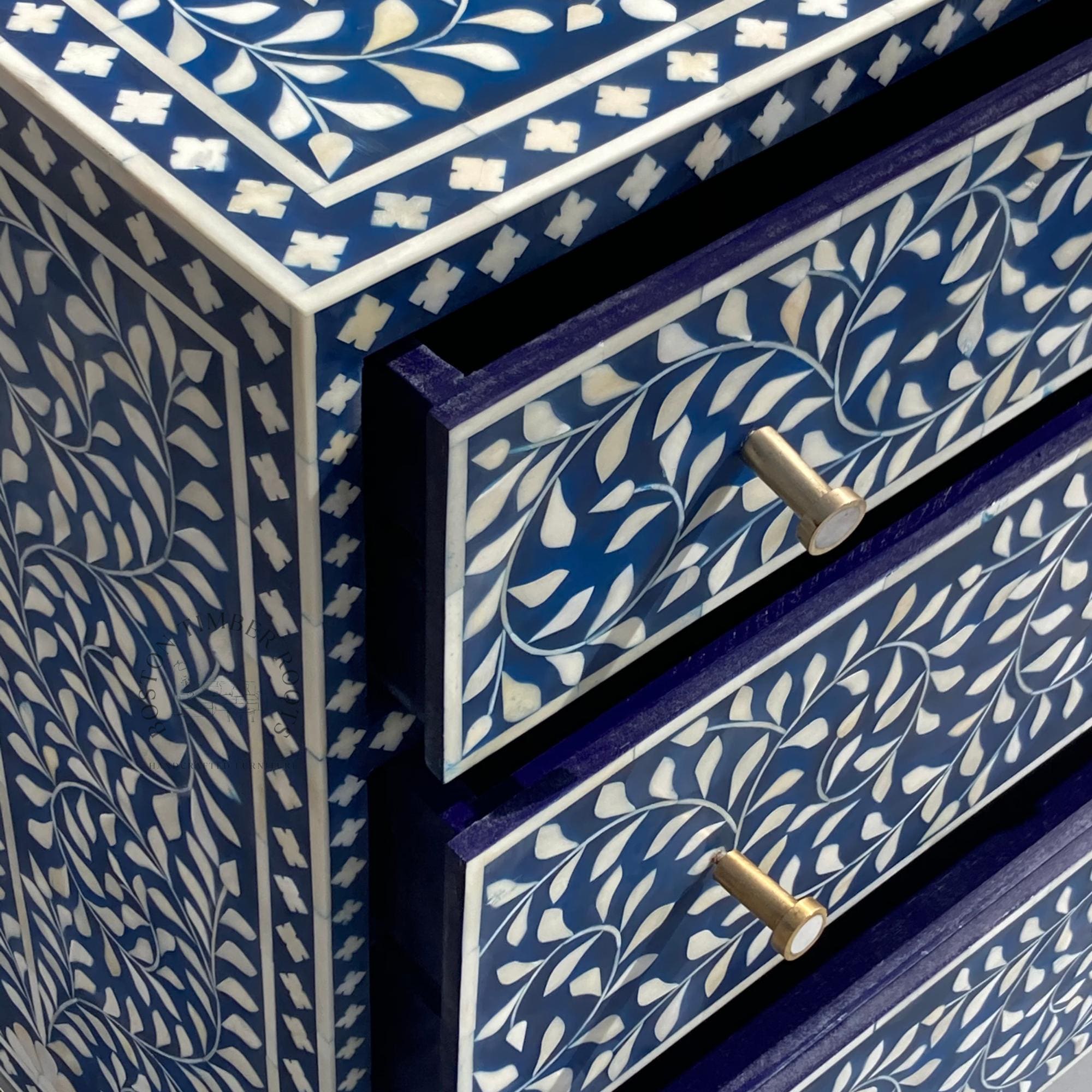 Blue Wide 3 Drawer Storage Cabinet, Floral Chest of Drawer, Bone Inlay ...