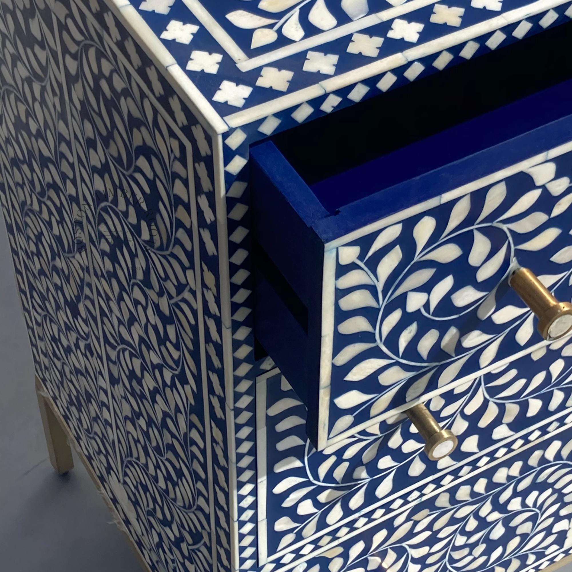 Blue Wide 3 Drawer Storage Cabinet, Floral Chest of Drawer, Bone Inlay ...