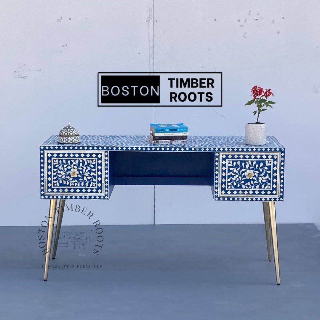 Mother of Pearls Indigo Blue Desk W/ Drawers, Modern Writing Desk ...