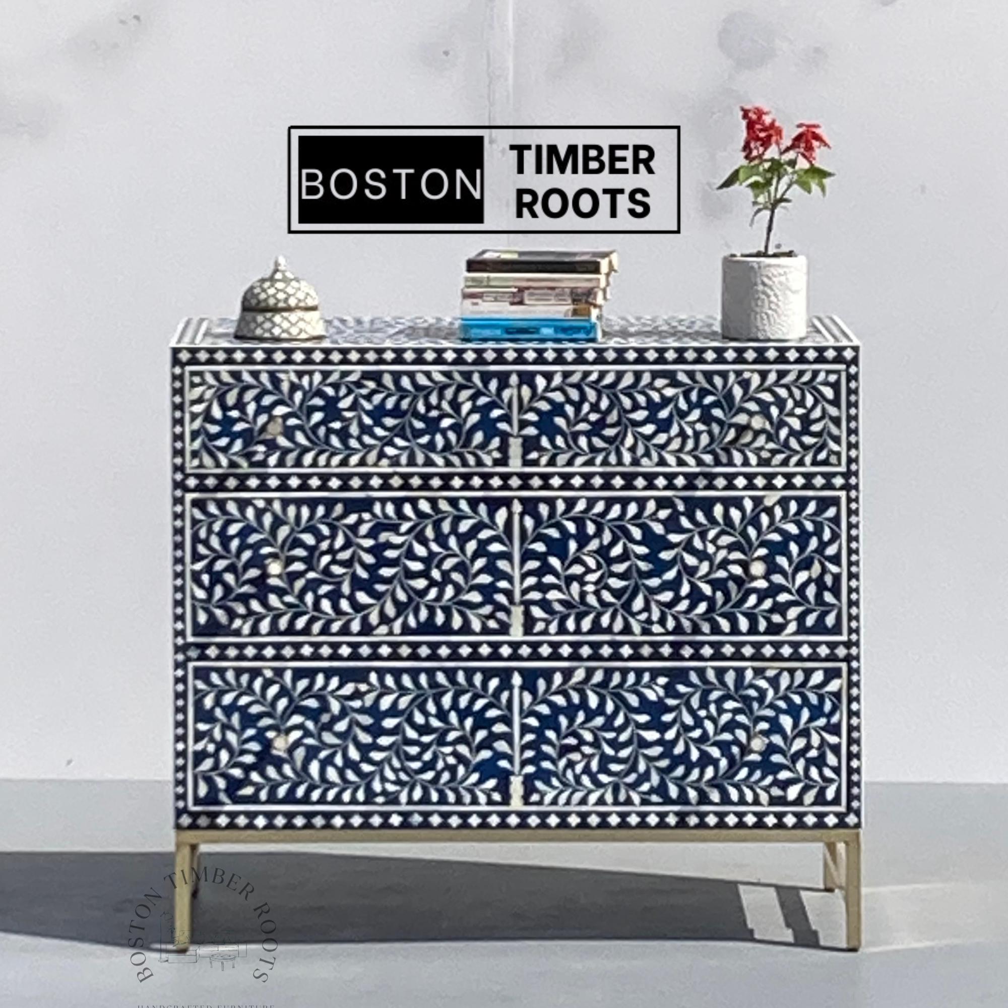 Blue Wide 3 Drawer Storage Cabinet, Floral Chest of Drawer, Bone Inlay ...