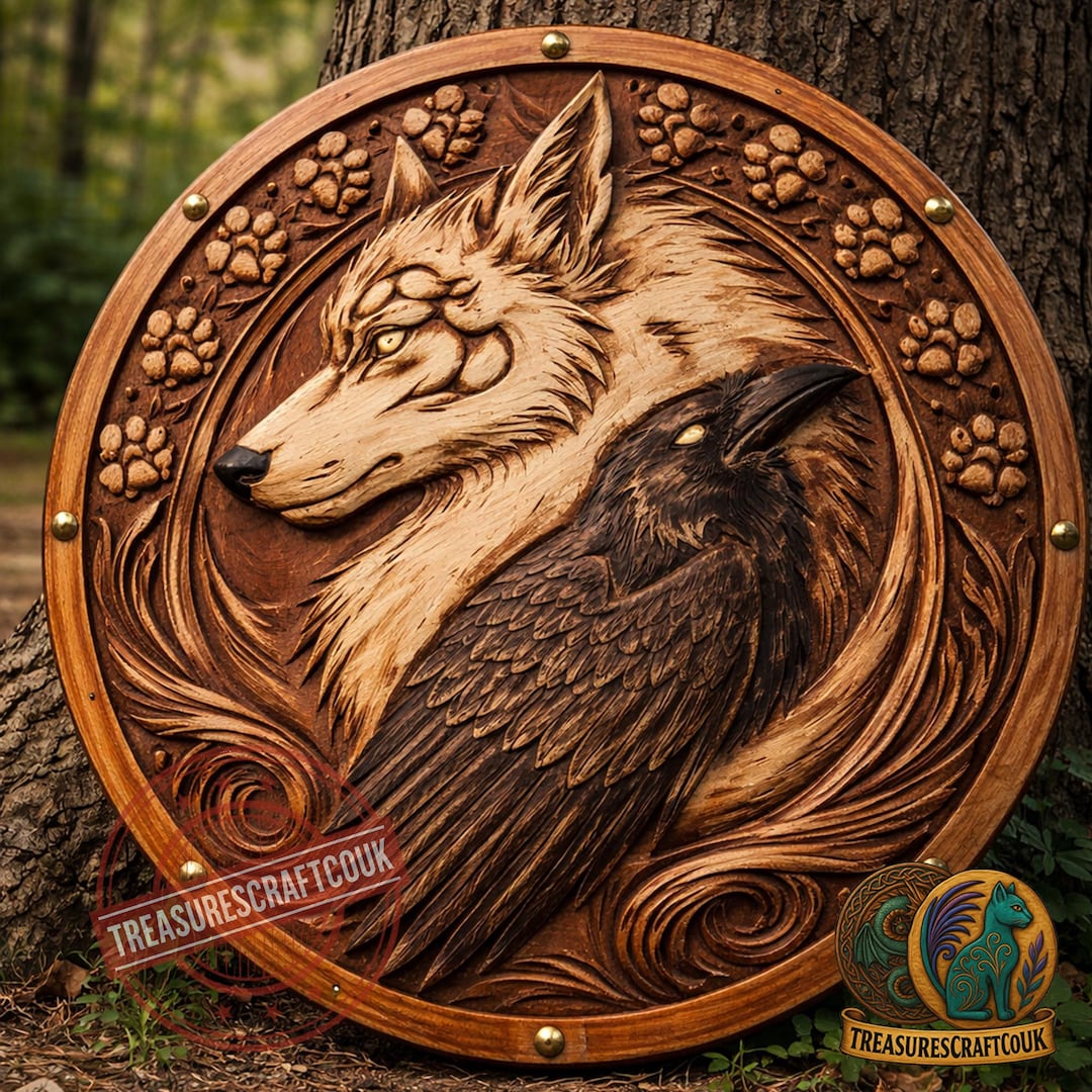 Hand Carved Wooden Wolf Shield Wall Art – Guardian Wolf Decor, Round ...