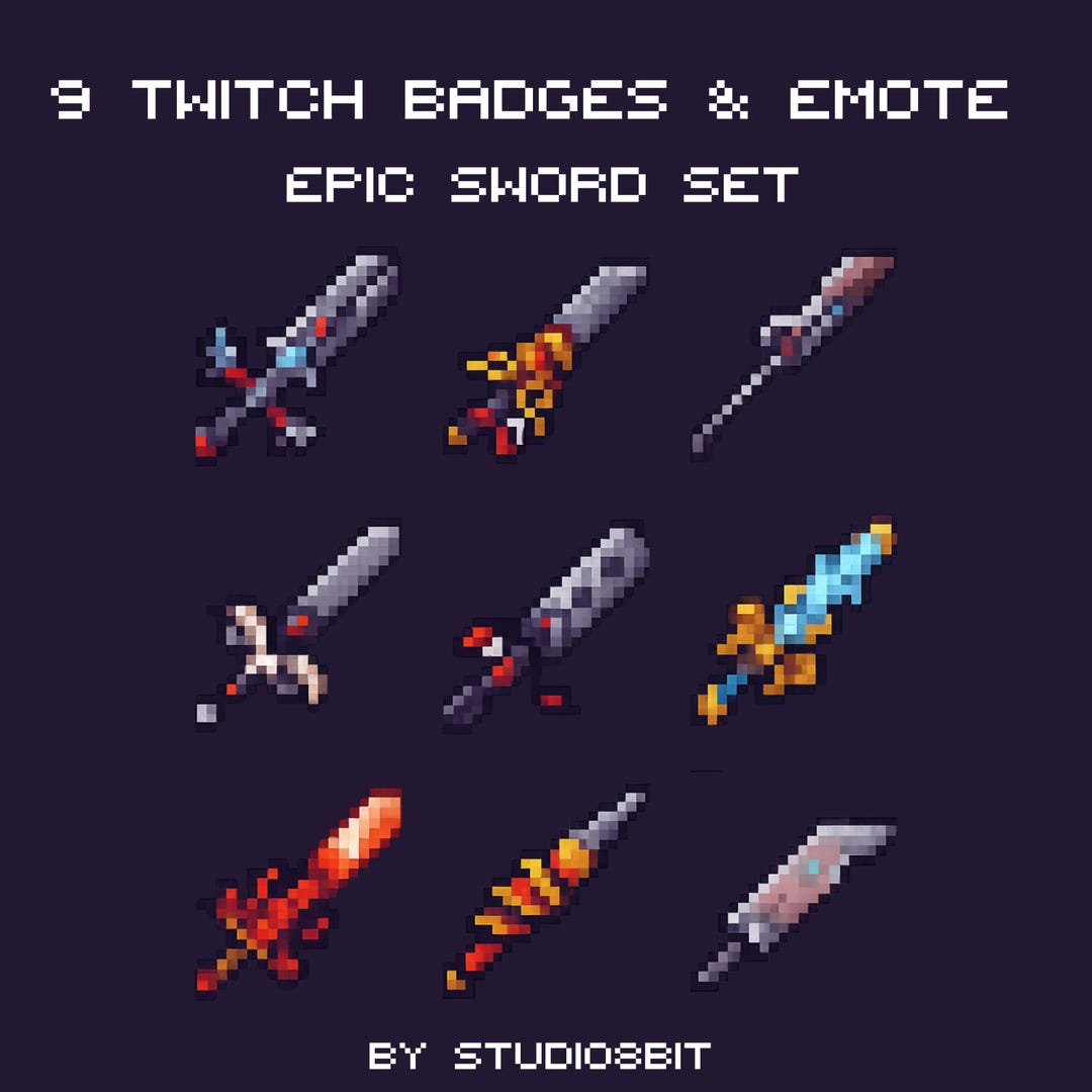 9 Pixel Twitch Badges & Emotes | Epic Sword Set | RPG Fantasy Weapon ...