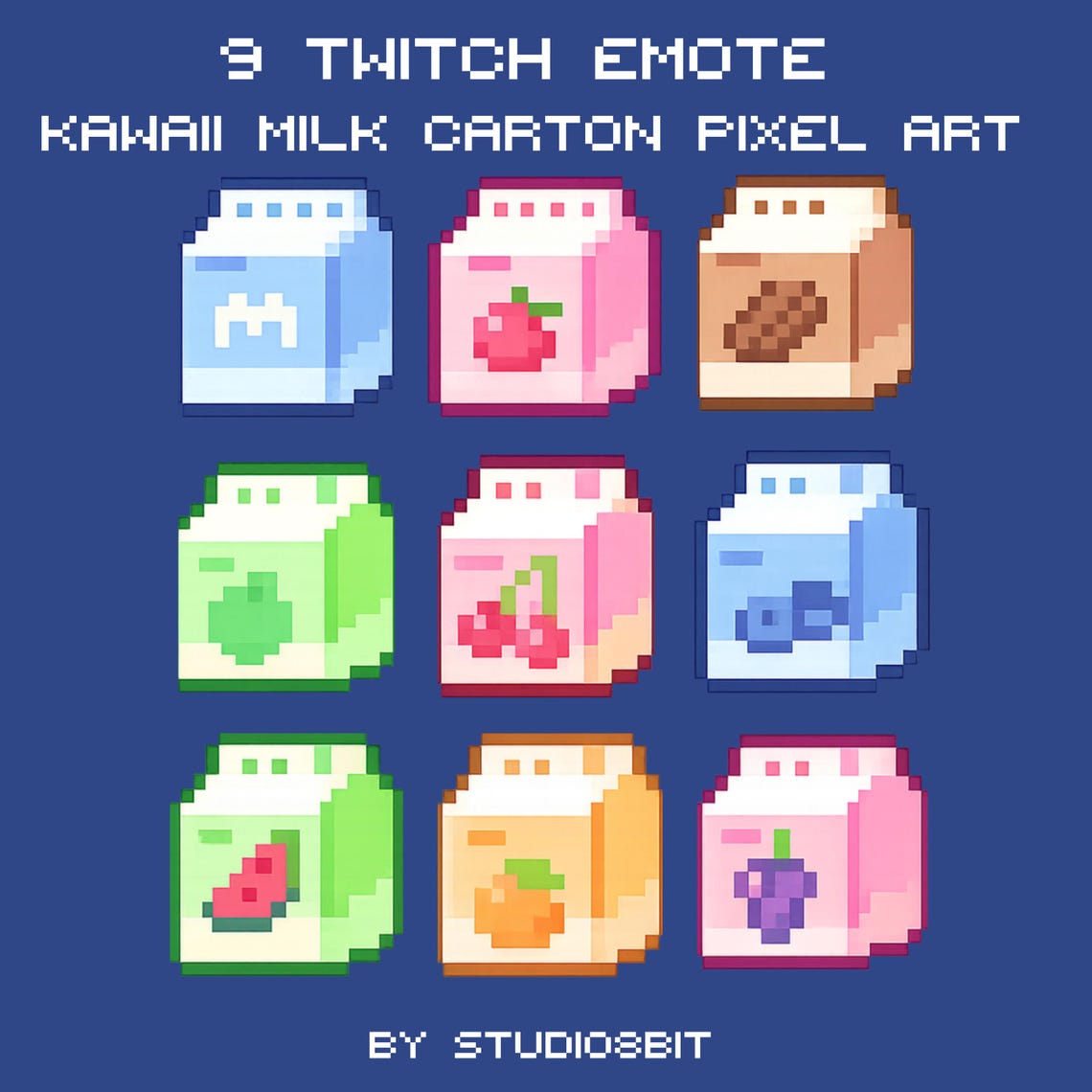 9 Kawaii Milk Carton Pixel Art Twitch Emotes Set | Fruity Drink Sub ...