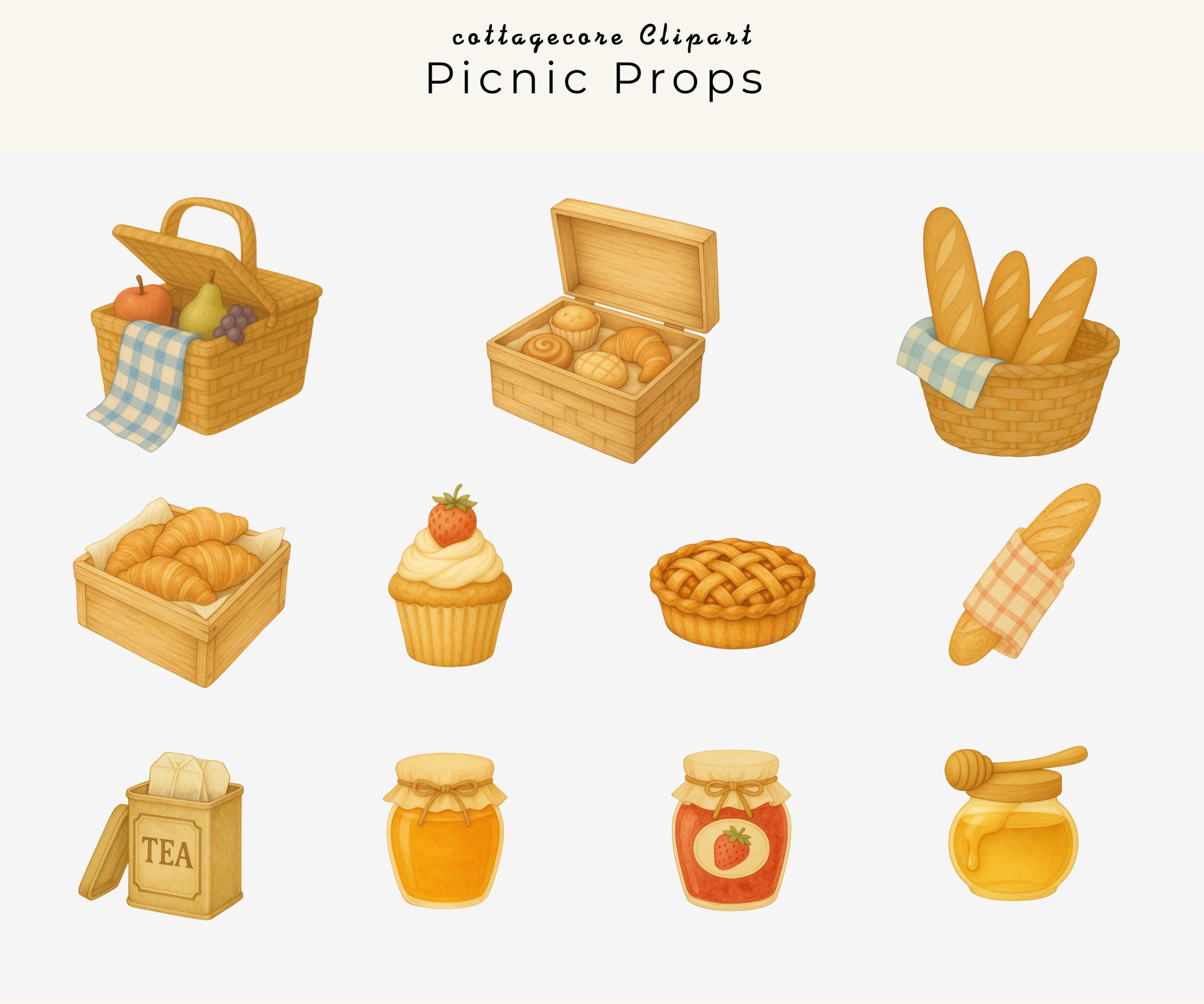 Picnic Props Clipart Set – 30 PNG Watercolor Basket, Food & Floral ...